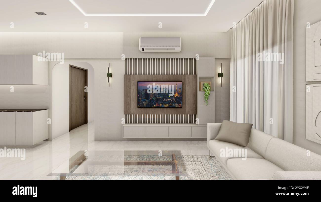 Interior design of a living room with false ceiling and lighting 3d ...