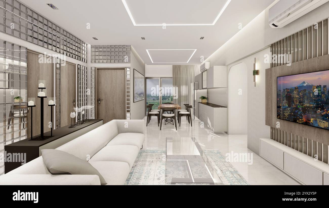 Interior design of a living room with false ceiling and lighting 3d ...