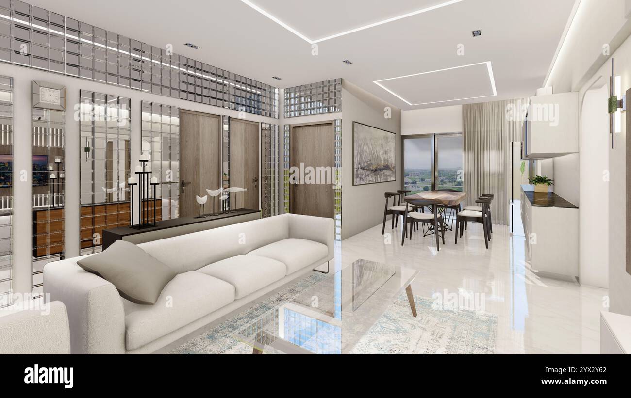 Interior design of a living room with false ceiling and lighting 3d ...