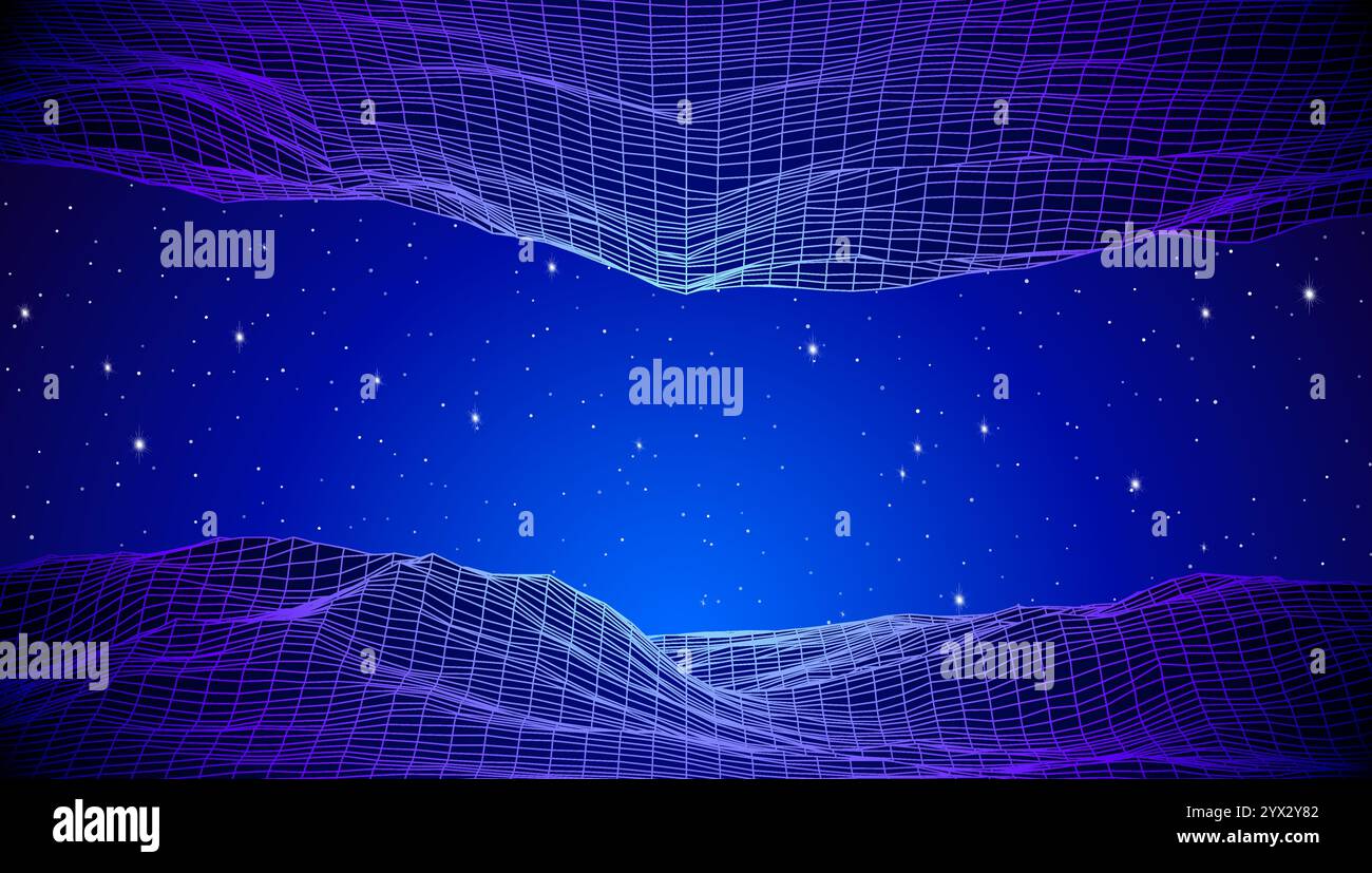 Retro low poly grid landscape with polygonal mountain, palm trees ...