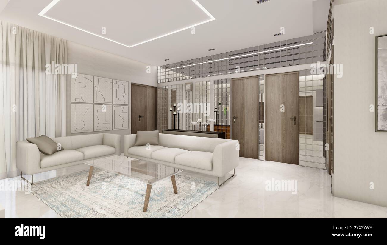 Interior design of a living room with false ceiling and lighting 3d ...