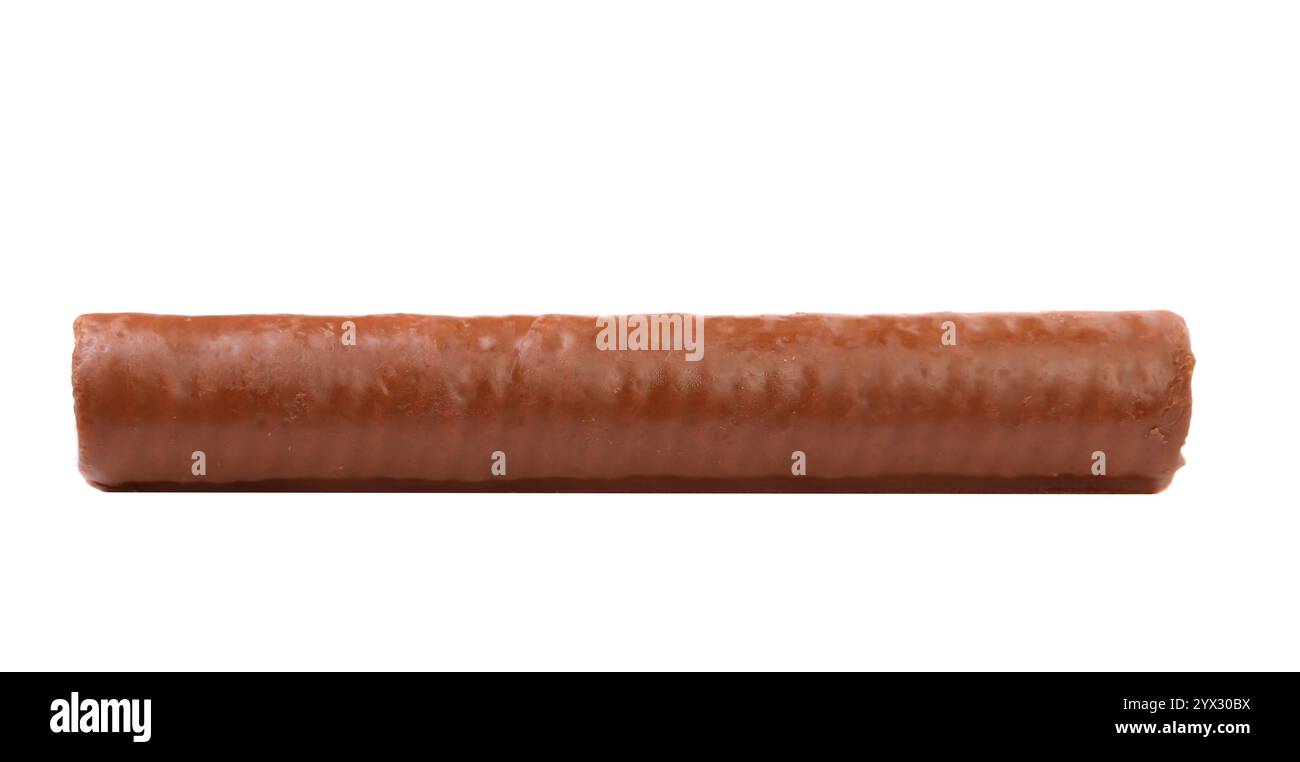 Waffle rolls coated chocolate. Close up. White background Stock Photo ...
