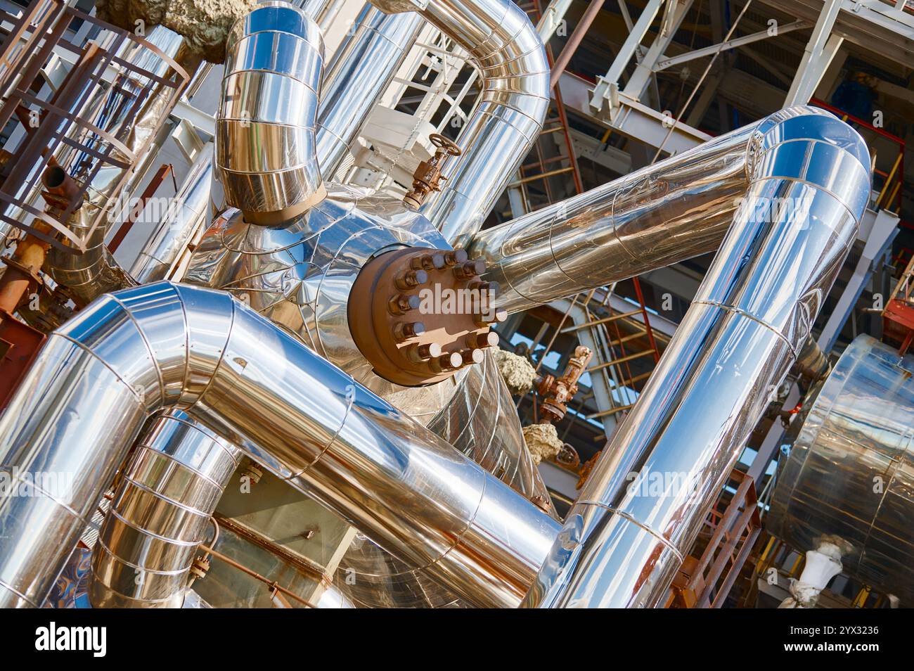 Intricate piping and valves at a chemical plant showcasing industrial ...