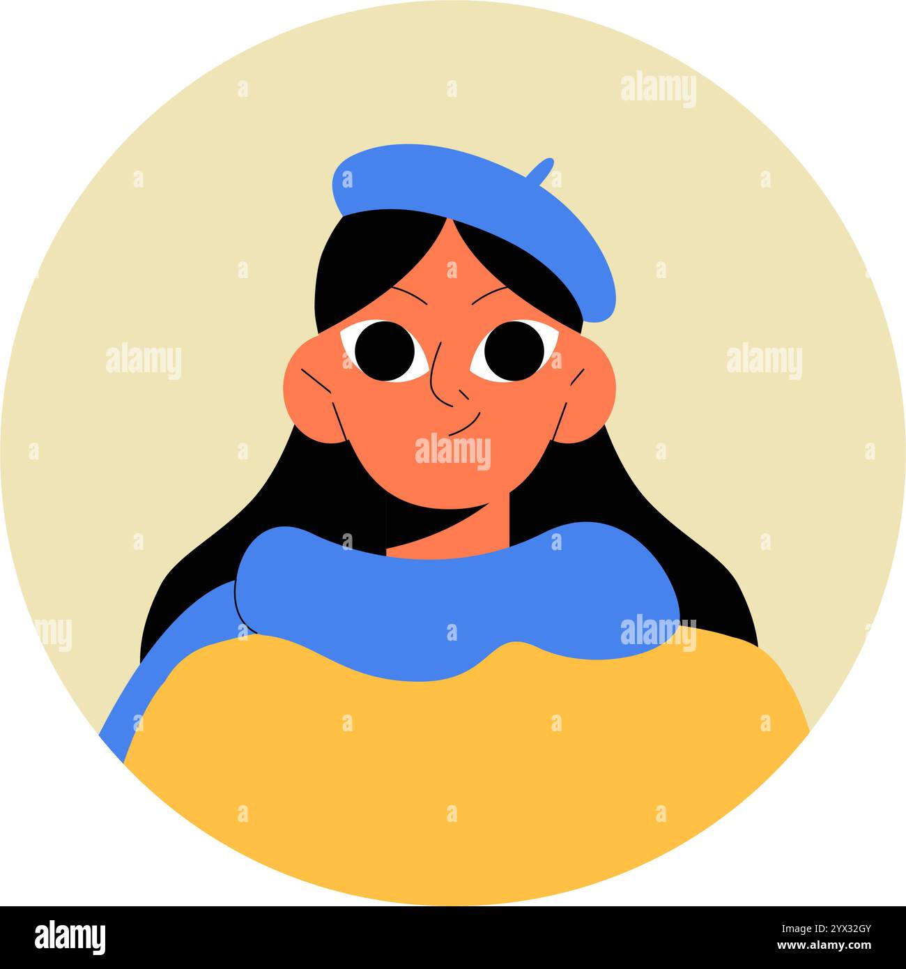 Female Avatar With Blue Beret And Yellow Outfit In Flat Vector ...