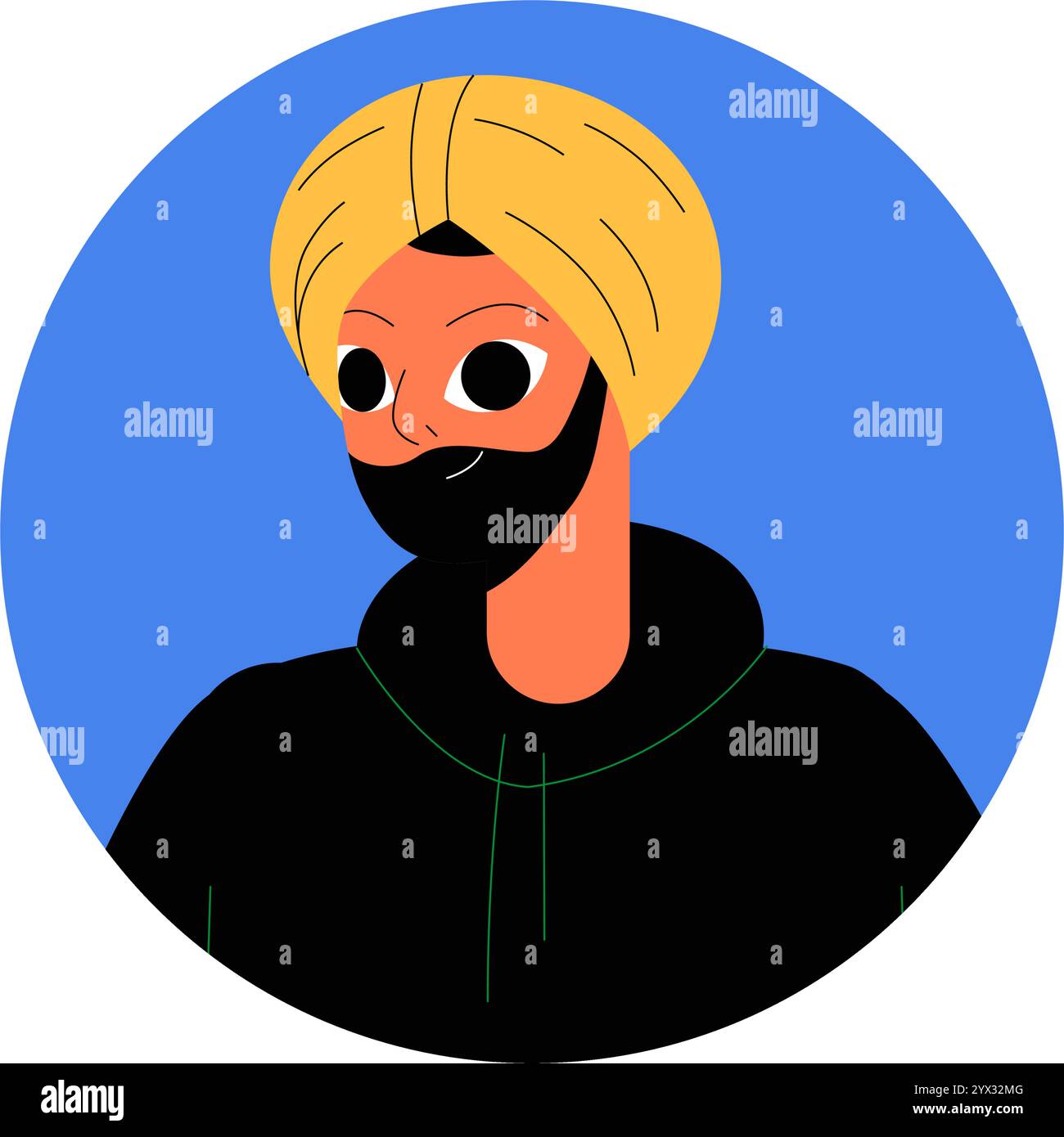 Sikh Man With Yellow Turban And Beard Avatar In Flat Vector ...