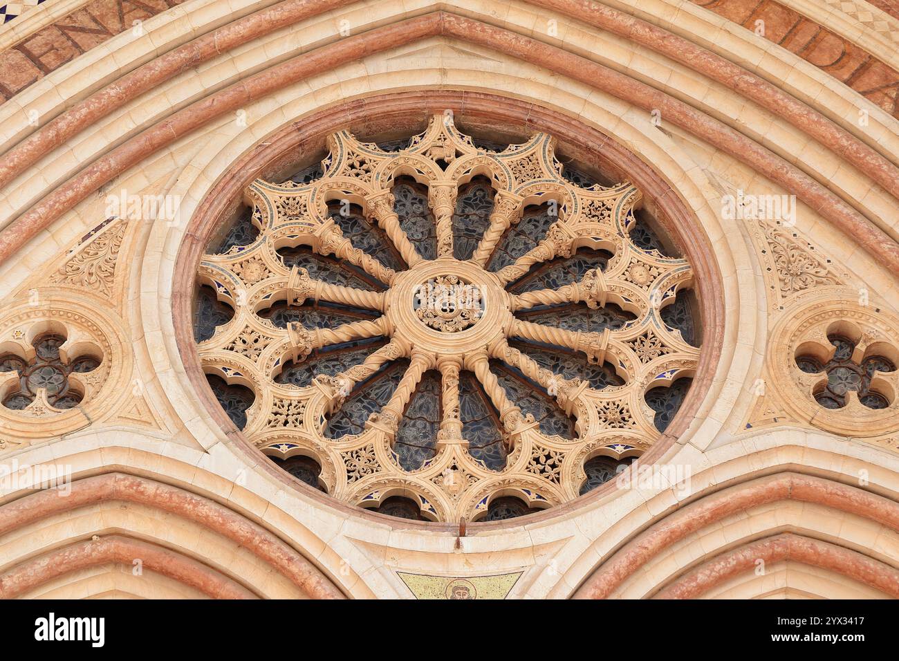 San Francesco di Assisi Basilica Exterior Detail with Sculpted Rose Window, in Assisi, Umbria ...