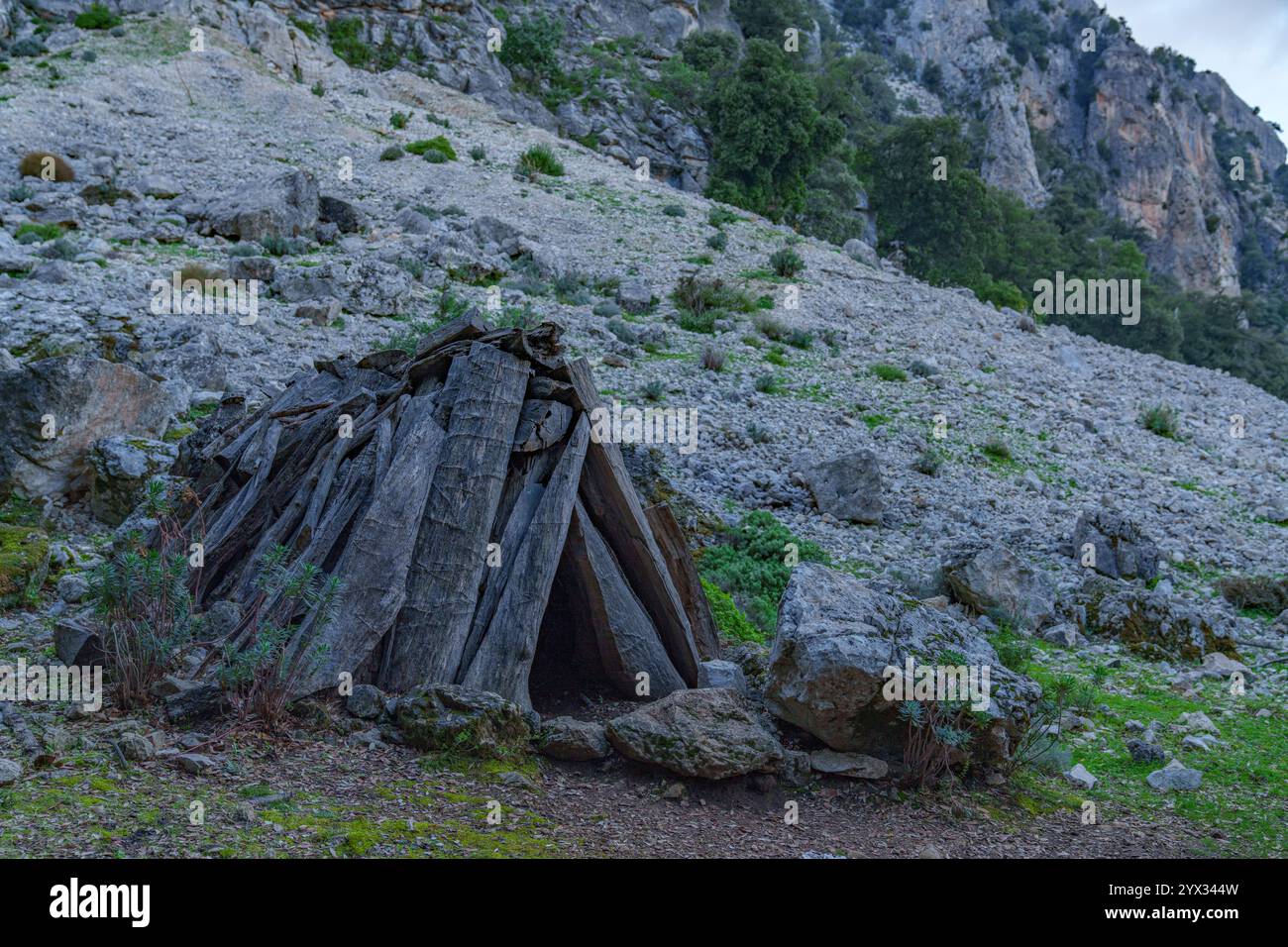 A view of an old shepherd's hut made of stones and wood, hidden in the ...