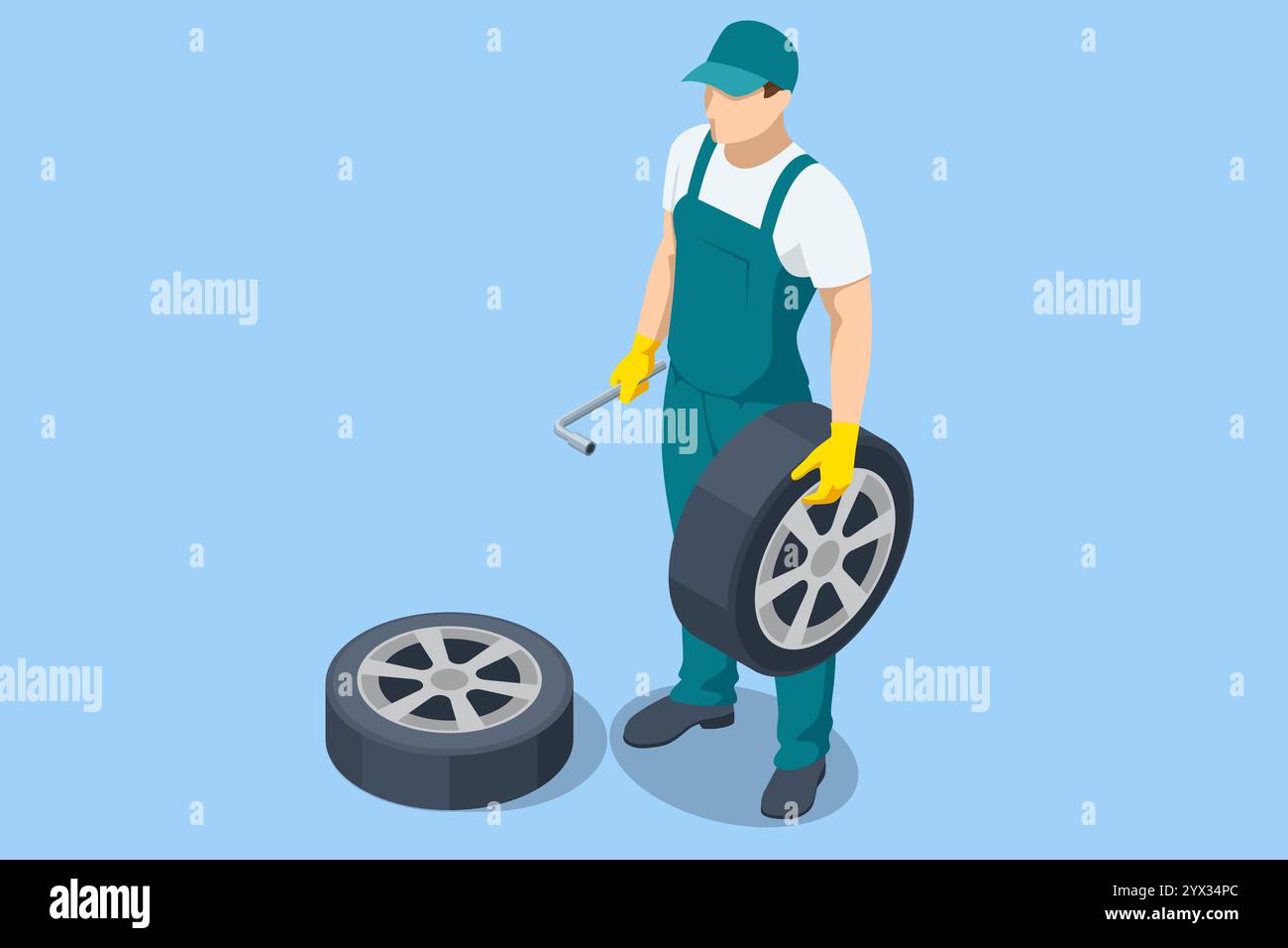 Isometric, Mechanic at a garage workshop. Wheel and tire installation ...