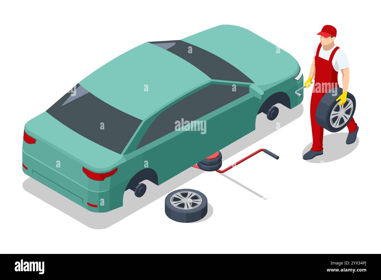 Isometric, Mechanic at a garage workshop. Wheel and tire installation ...