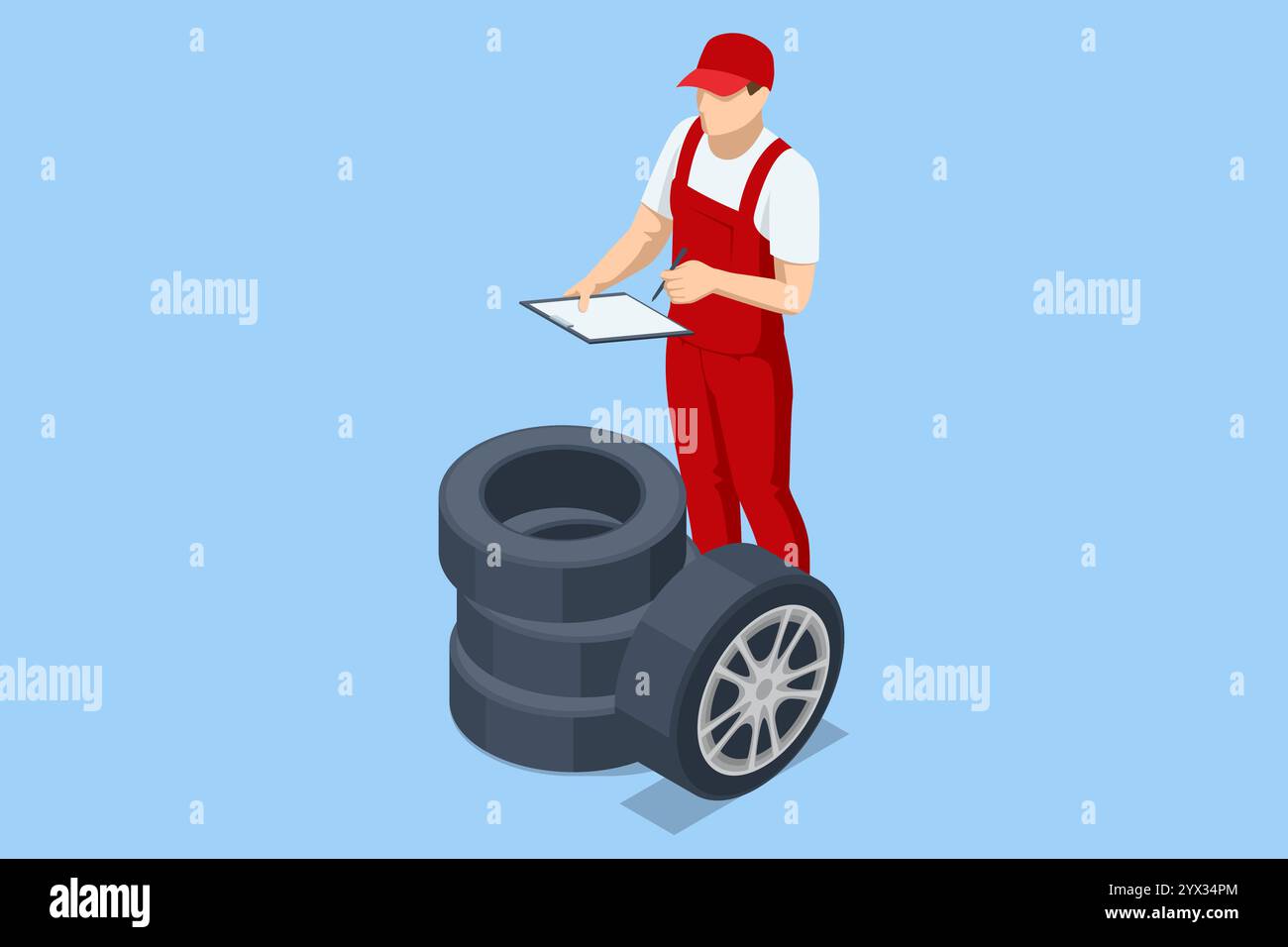 Isometric, Mechanic at a garage workshop. Wheel and tire installation ...