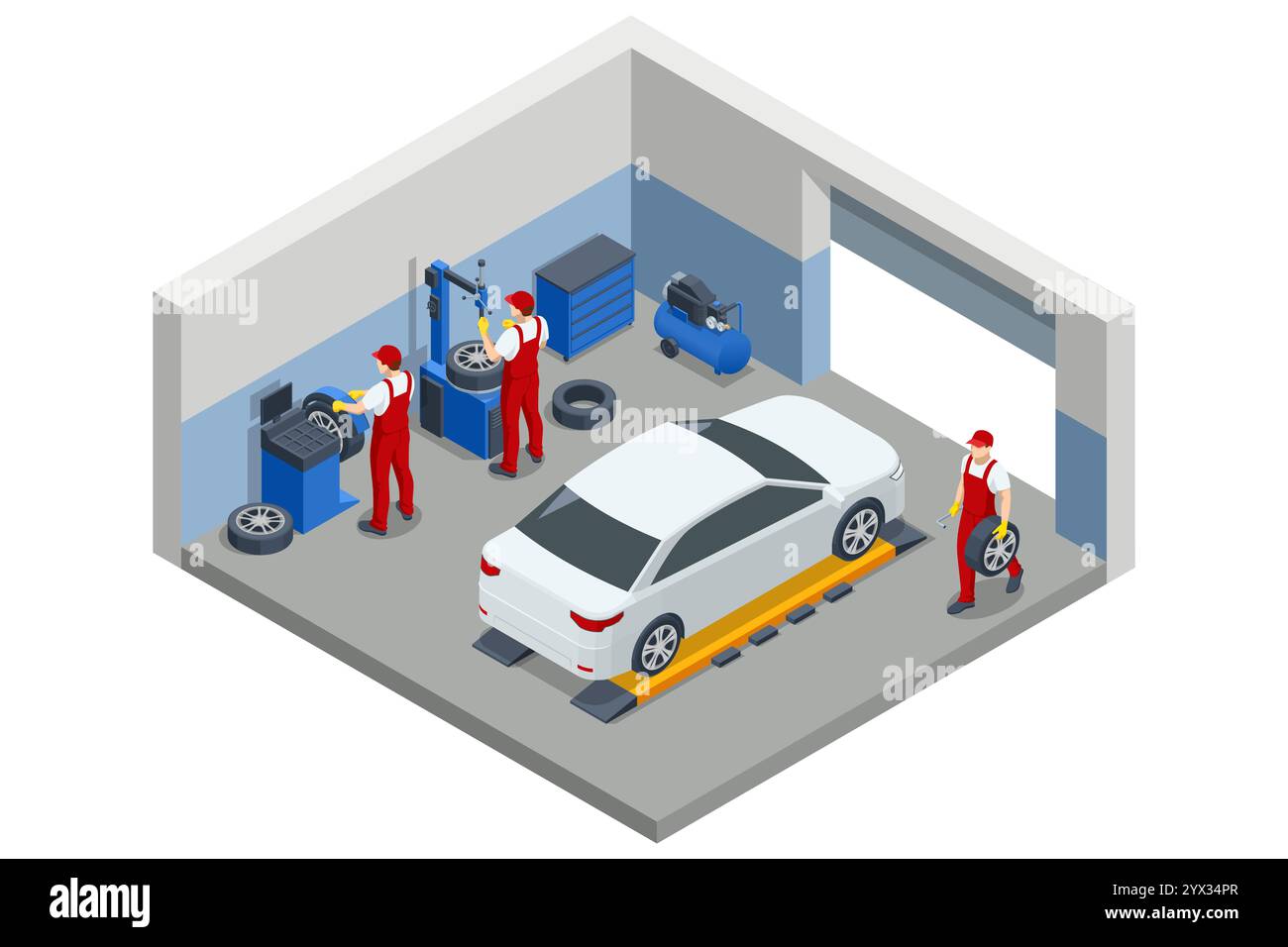 Isometric, Mechanic at a garage workshop. Wheel and tire installation ...