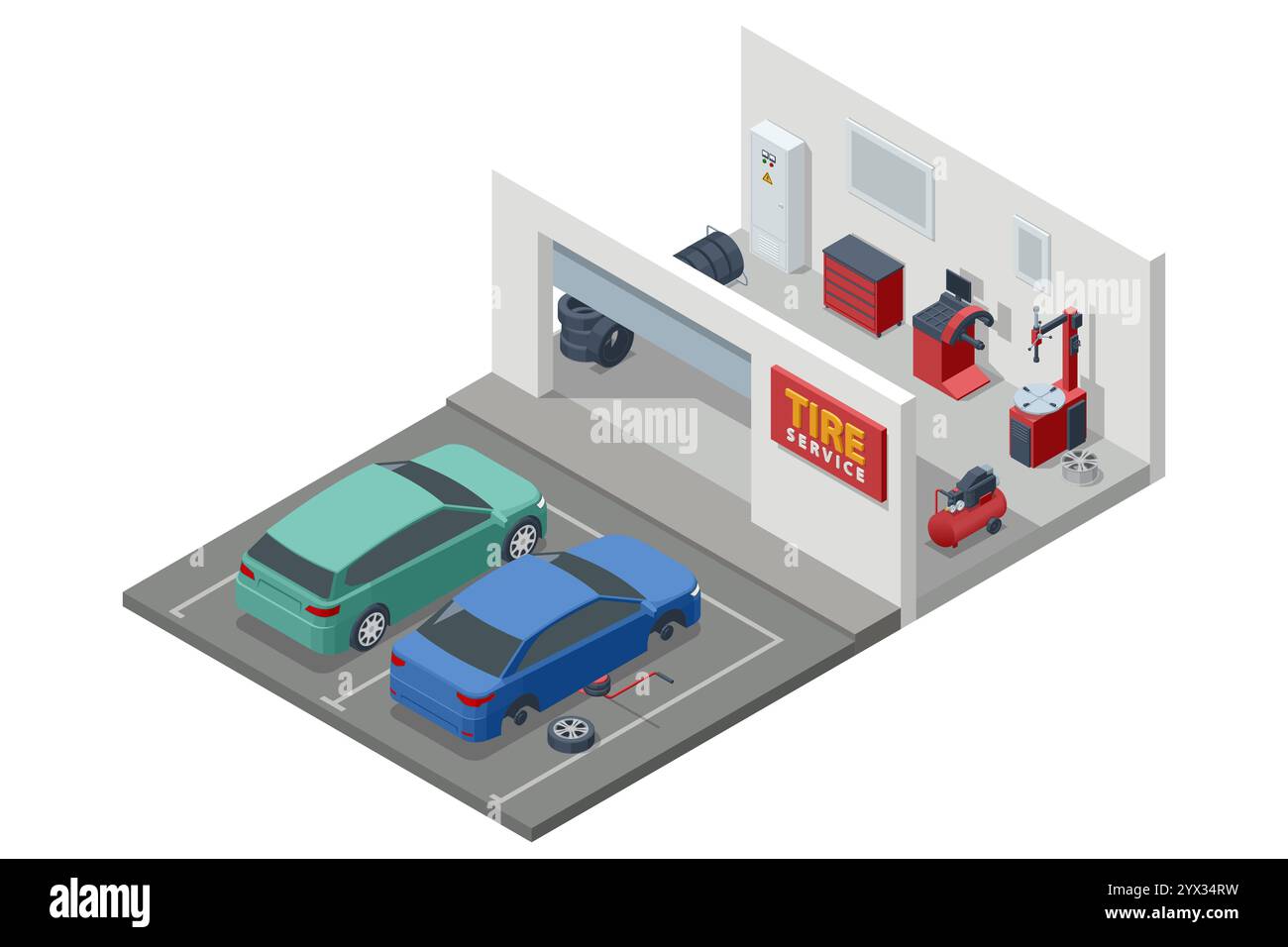 Isometric, Mechanic at a garage workshop. Wheel and tire installation ...