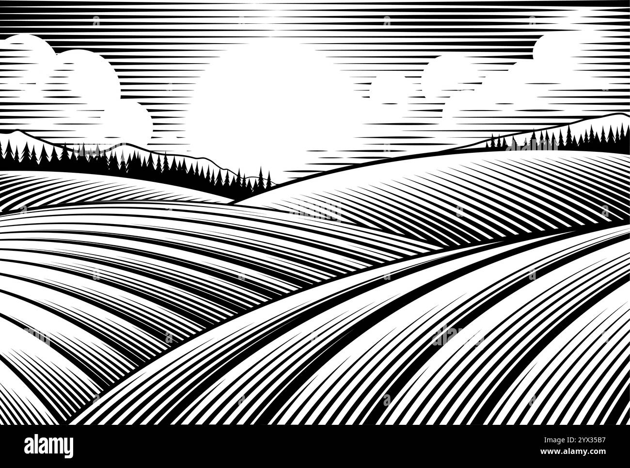 Rolling Hills Drawing In A Vintage Woodcut Style Stock Vector Image ...