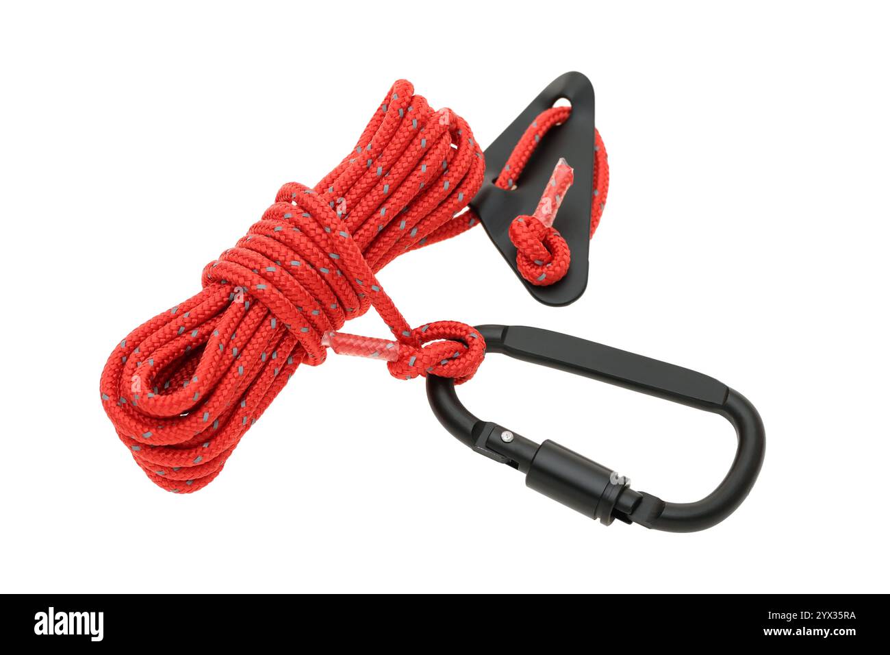 climbing equipment, carabiners and red rope on white background Stock ...