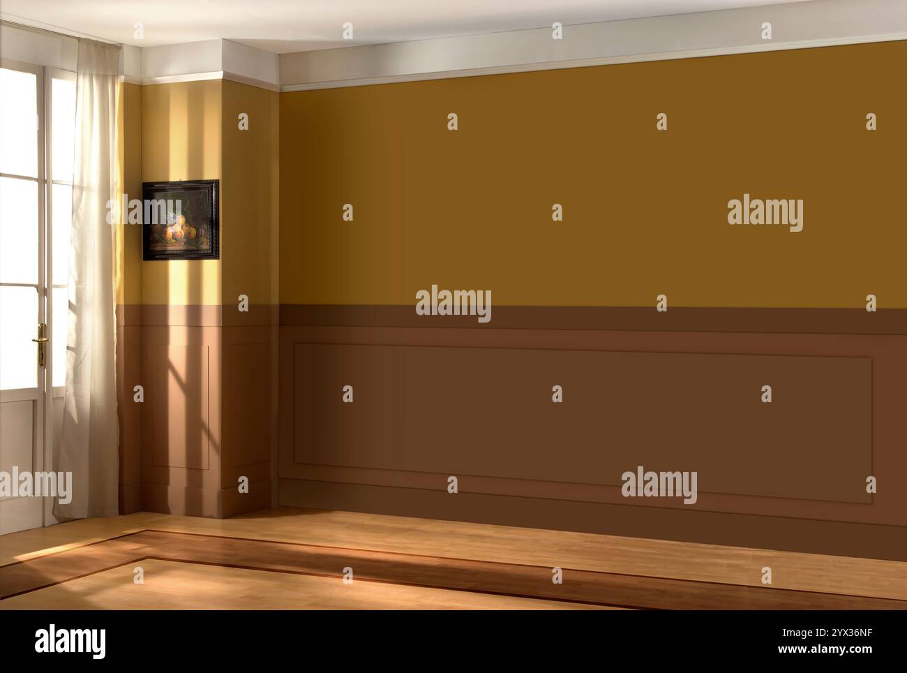 Interior of an empty room, to be furnished, with window and wooden ...