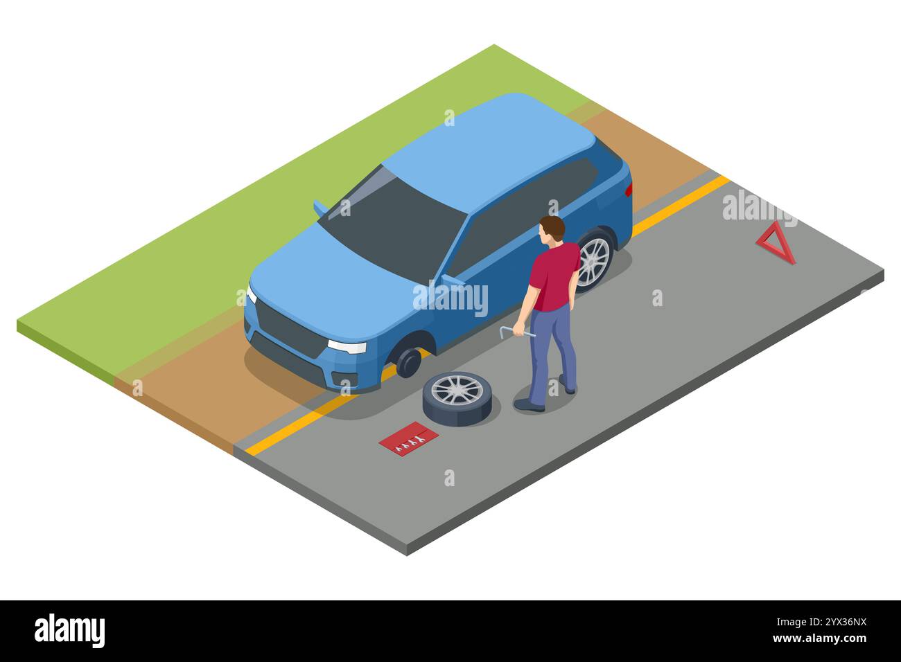 Isometric man replacing a tire on a car during a road trip due to a ...