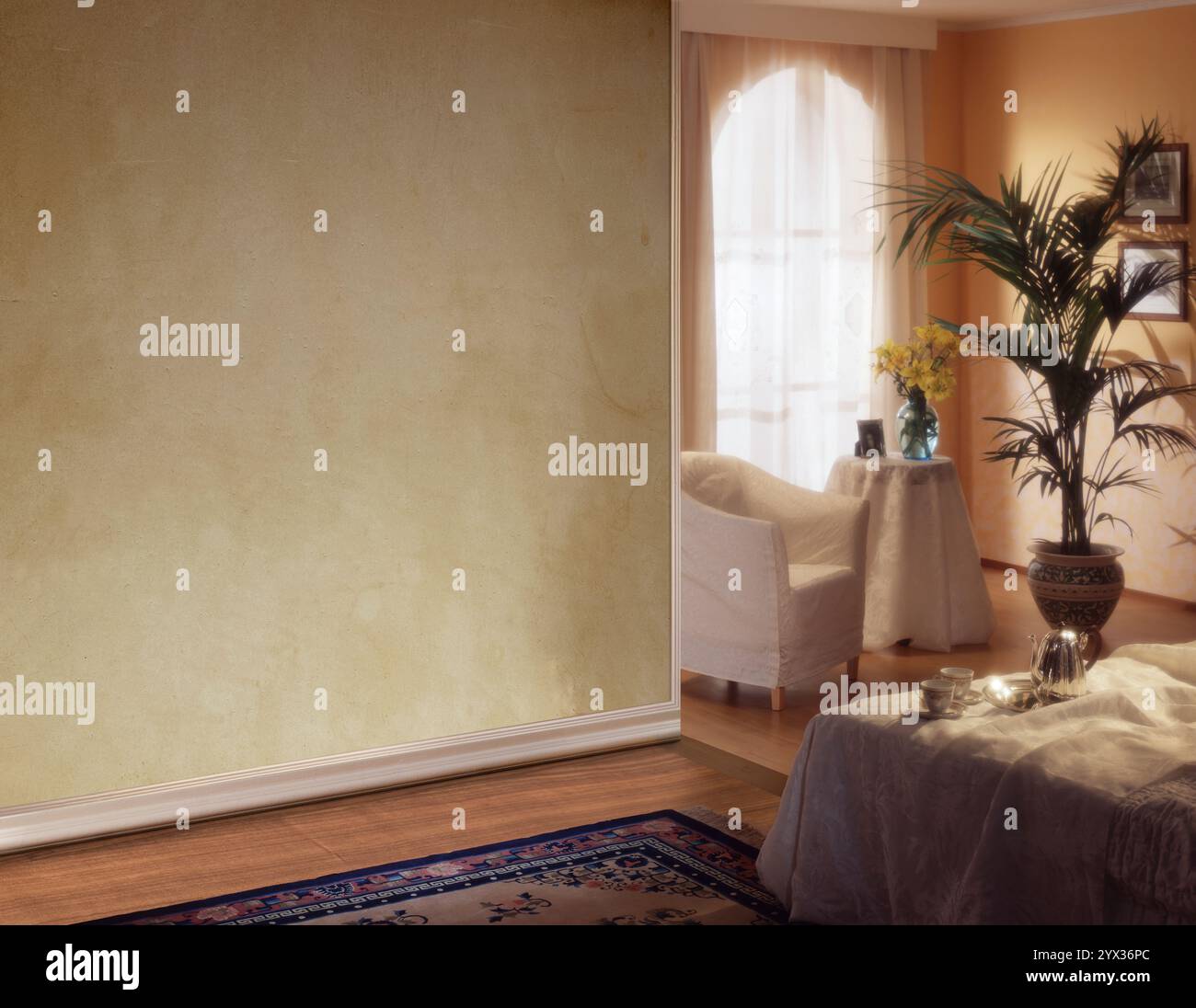 Interior of an empty room, to be furnished, with window and wooden ...