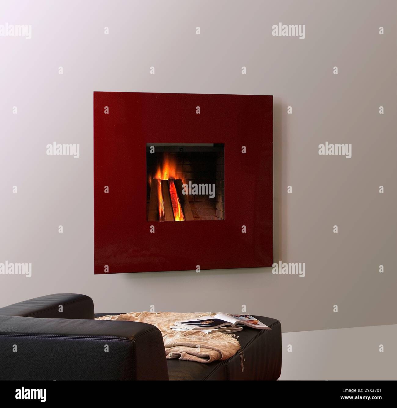 Interior of an empty room, to be furnished, with a modern fireplace and ...