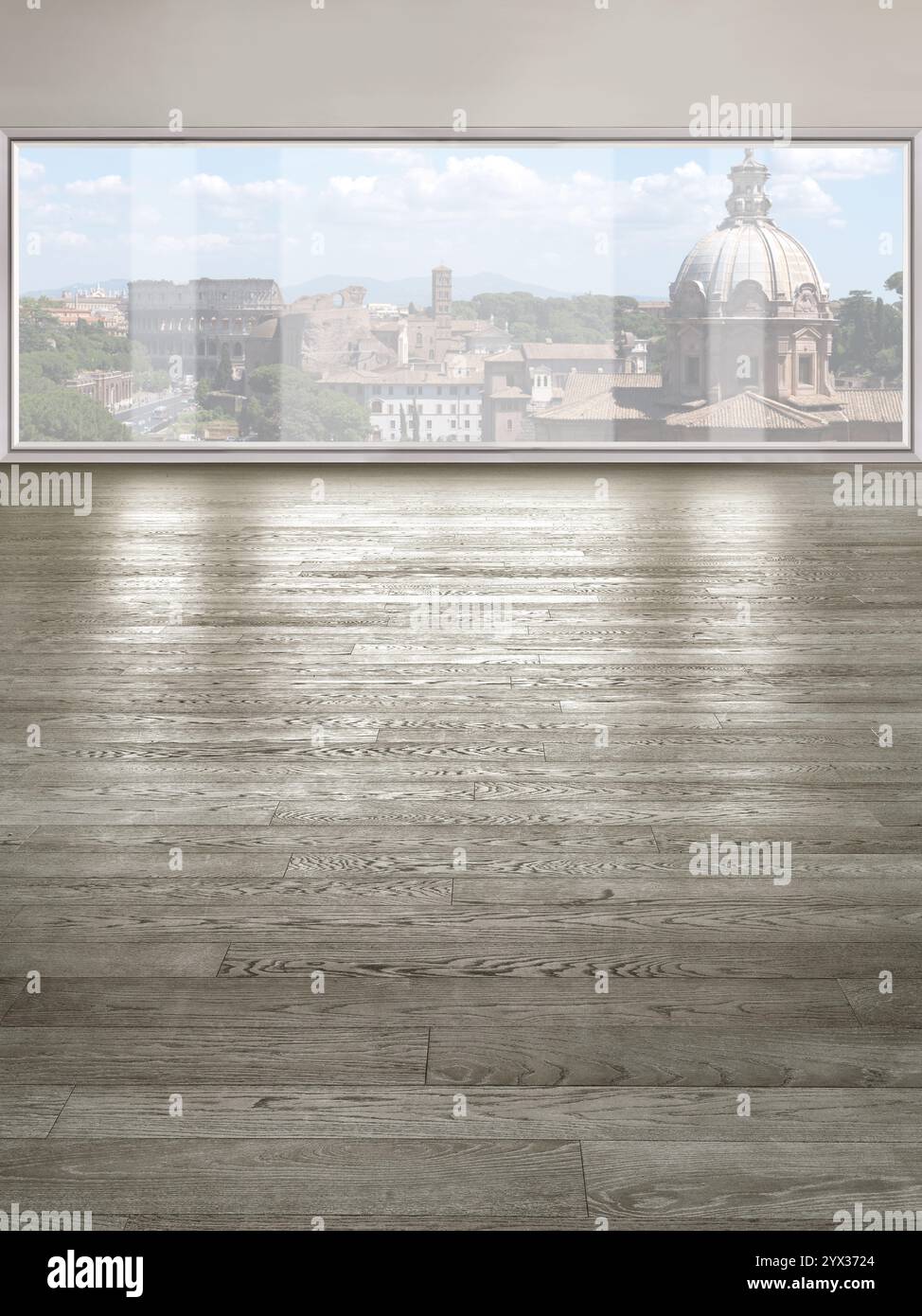 Interior of an empty room, to be furnished, with a large window and ...