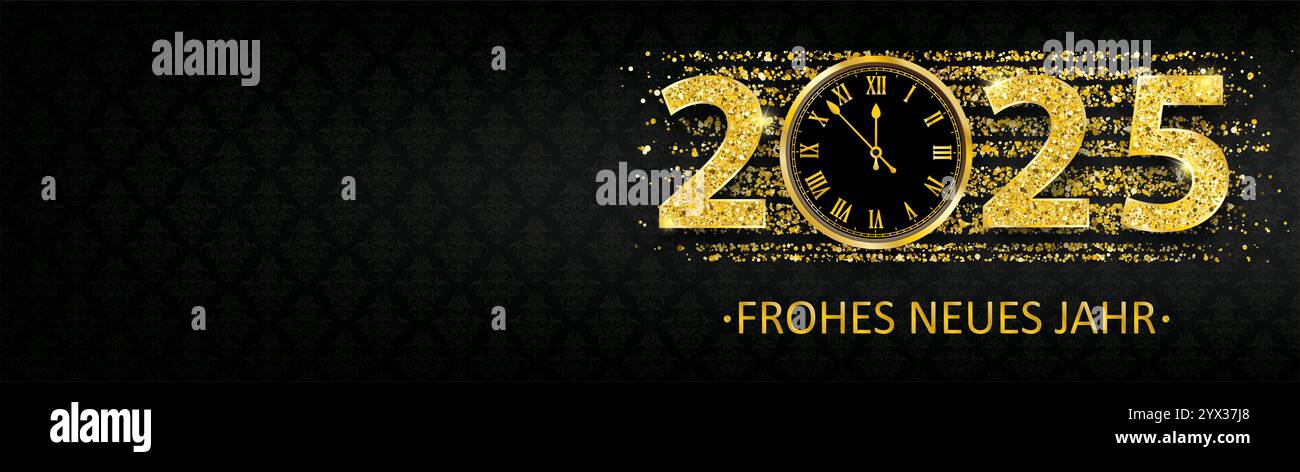 Long Black Banner Ornaments Clock 2025 Neues Jahr Gold German text ...