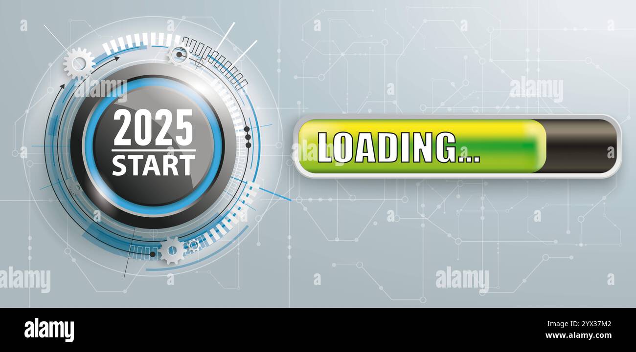2025 Start Button Circuit Board Loading Banner Button with progress bar and text 2025 Start ...