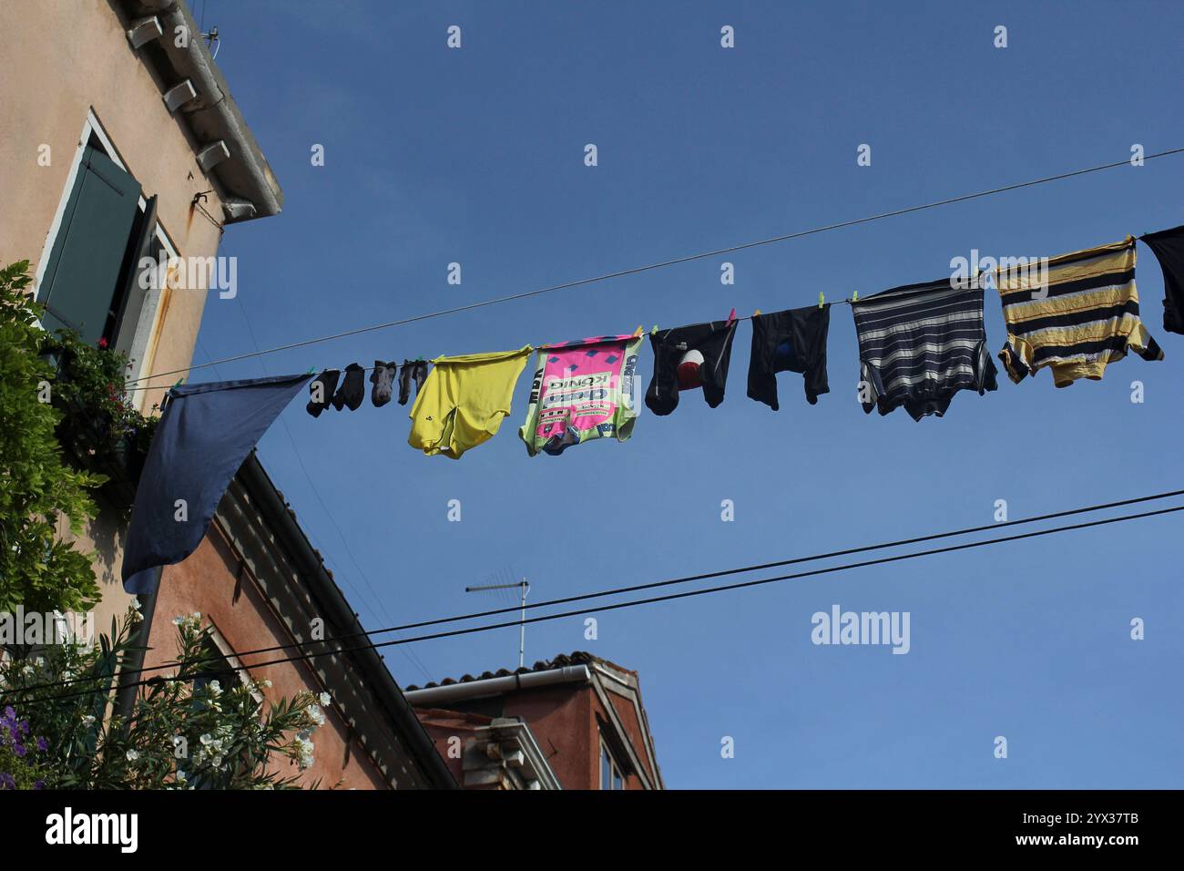 laundry drying outside on a clothesline, freshly washed and cleaned ...