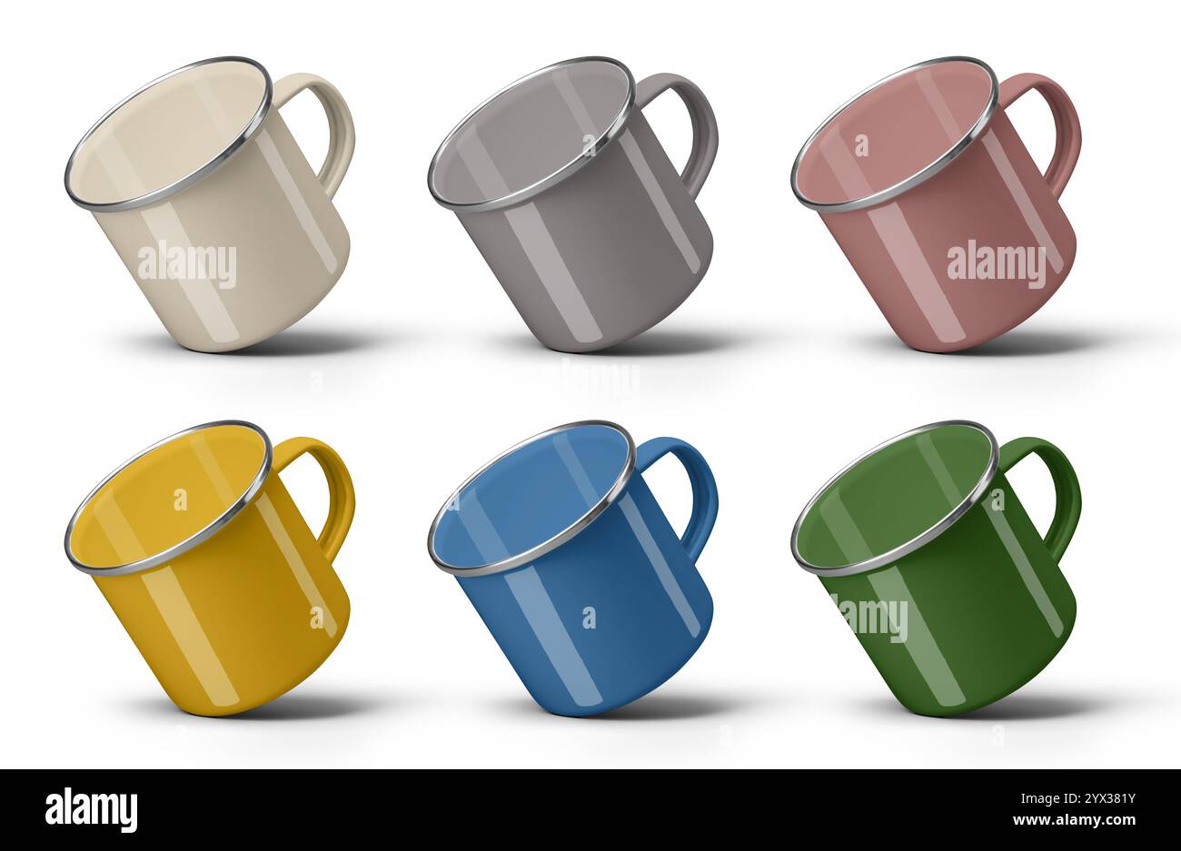 Mockup of colored metal mugs with chrome rim, diagonal presentation ...