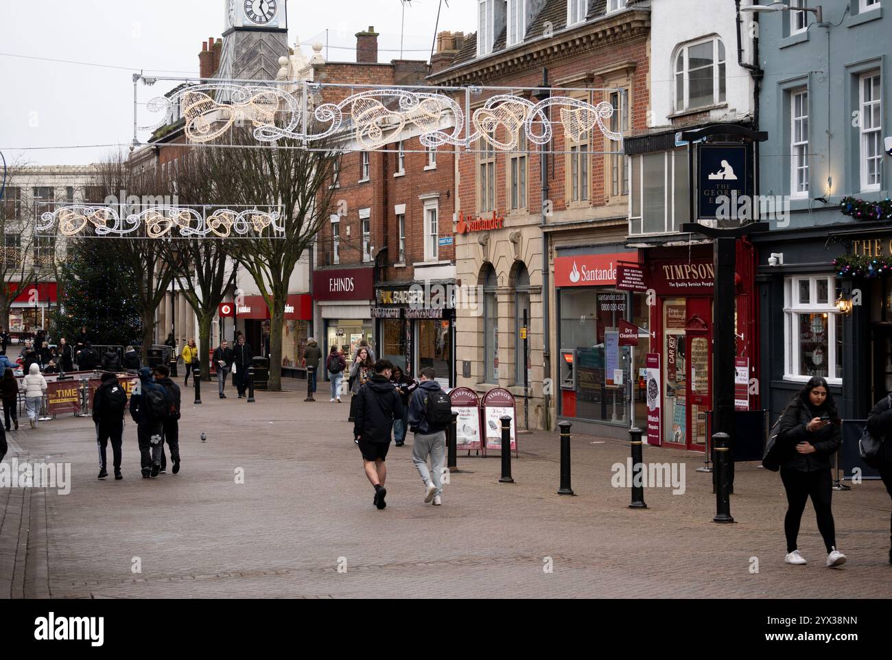 Nuneaton town centre in winter with Christmas lights, Warwickshire, UK ...