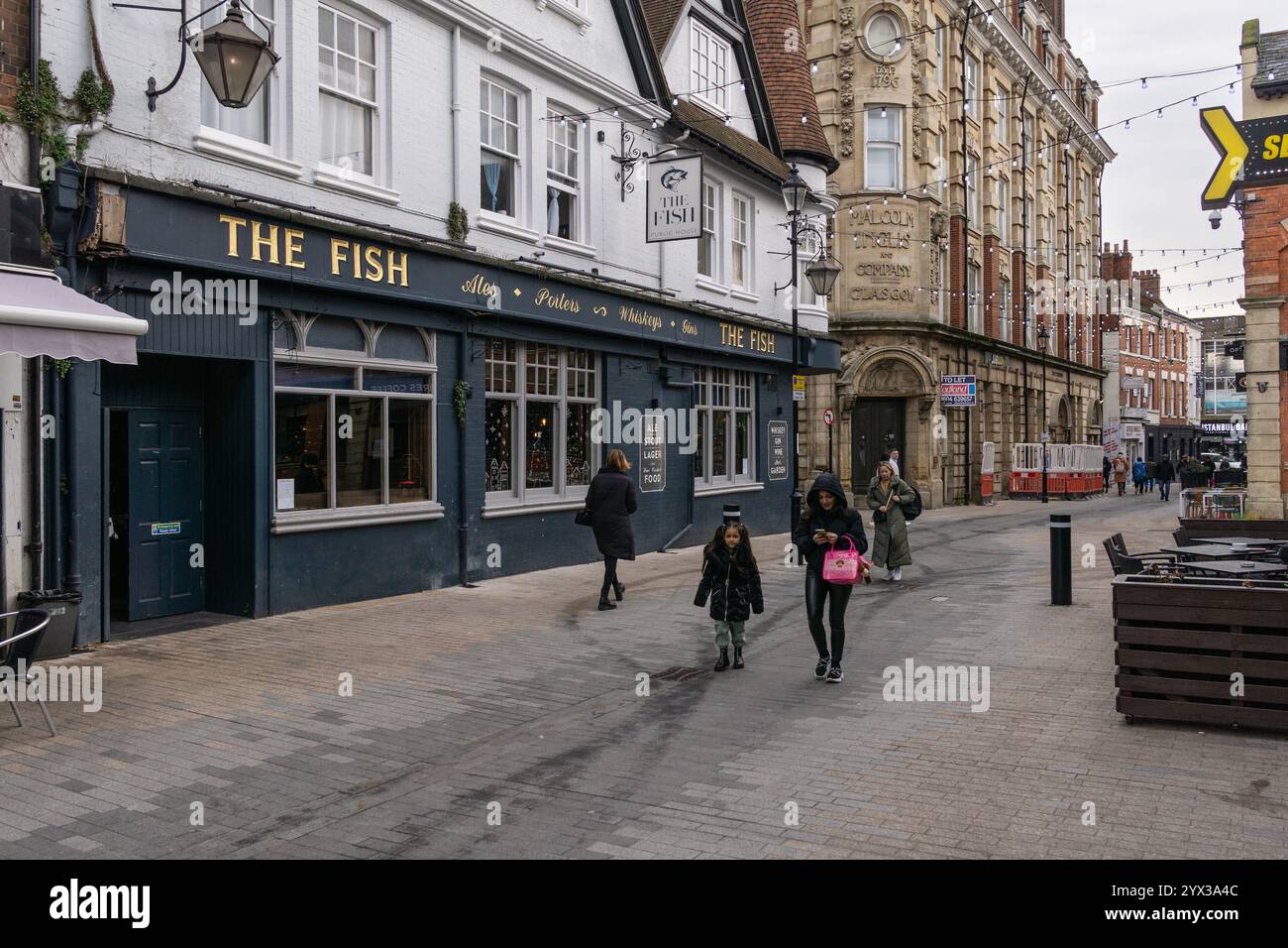 The Fish Inn and Fish Street, town centre, Northampton, UK; there has ...