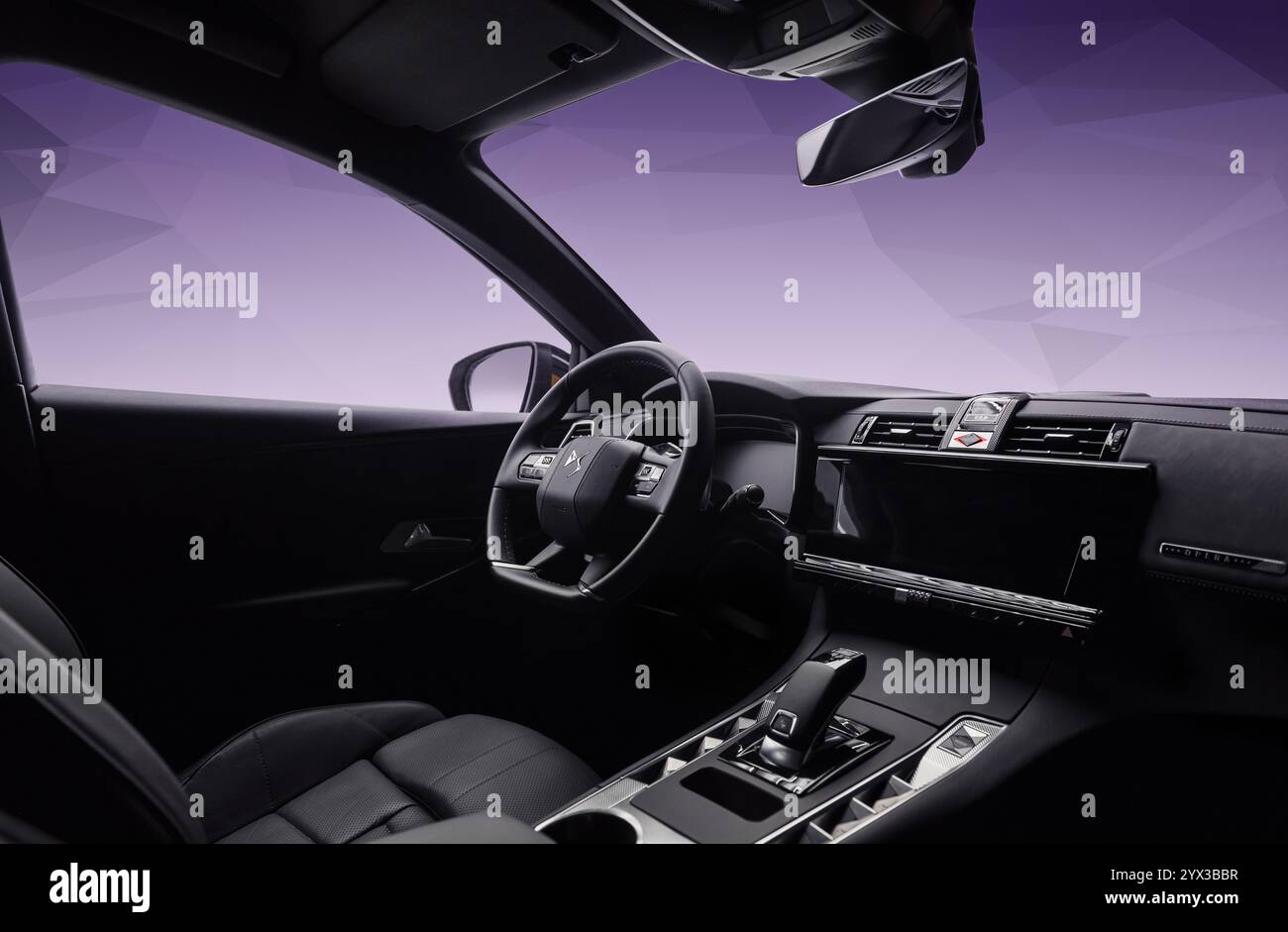 Interior of DS7 Crossback. Wide angle view from rear passenger seat ...