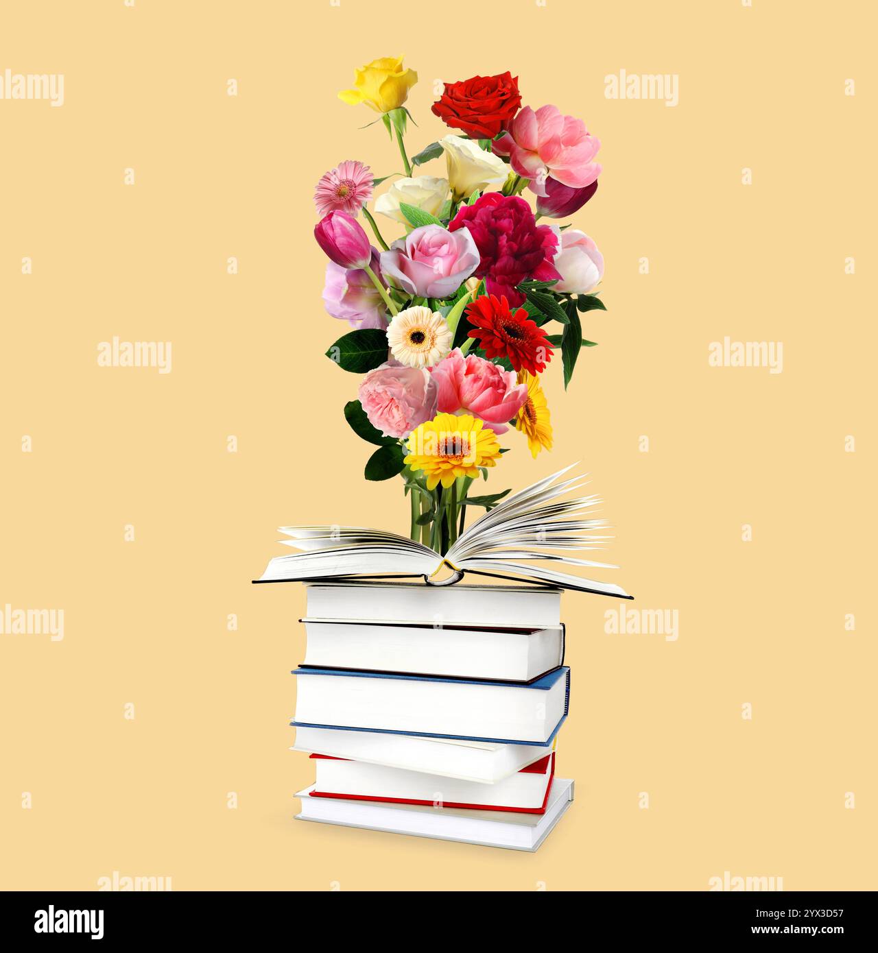 Stacked books and open one with beautiful flowers between pages on ...