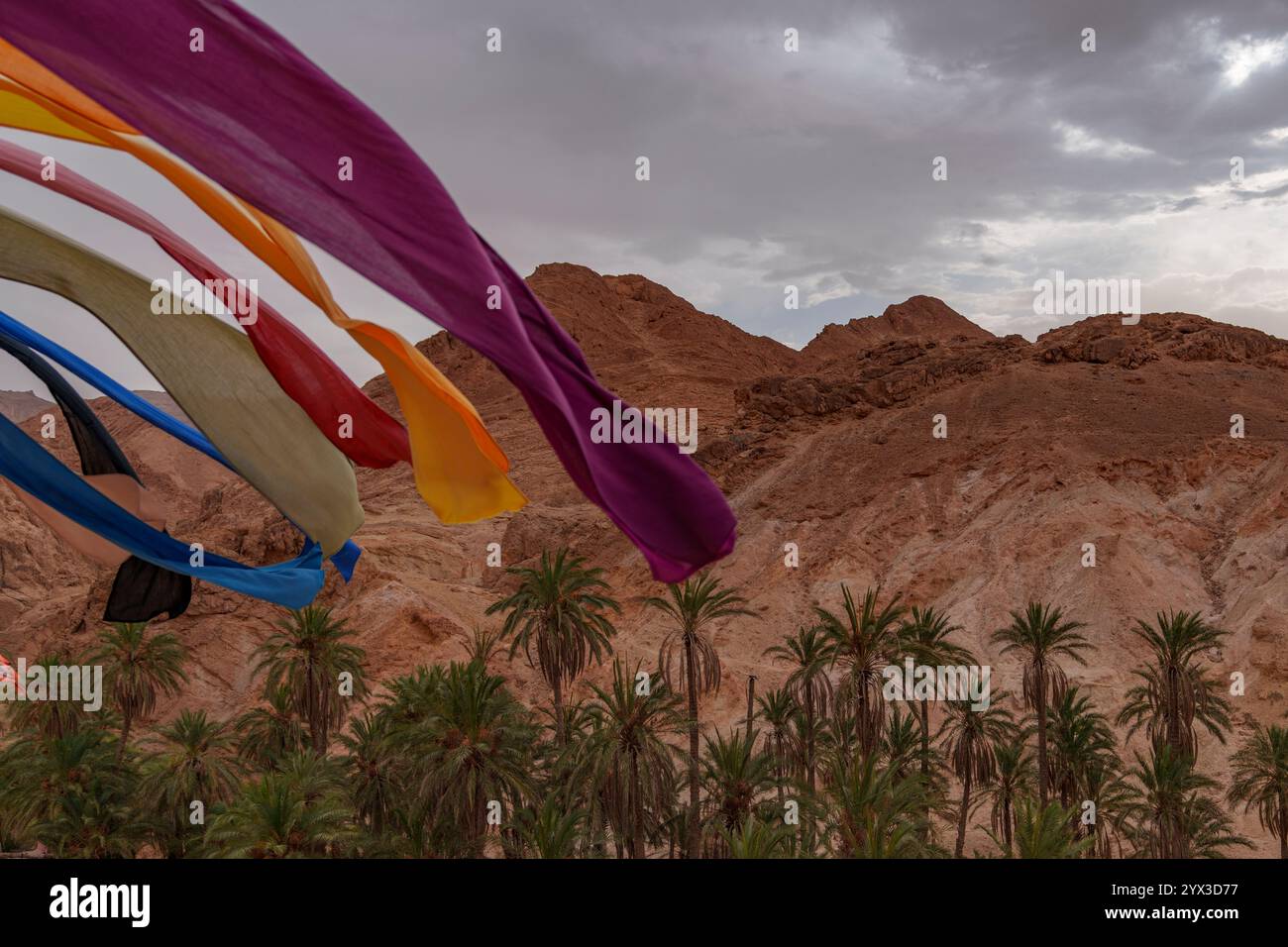 Drying, hanging colored and patterned materials in a desert environment ...