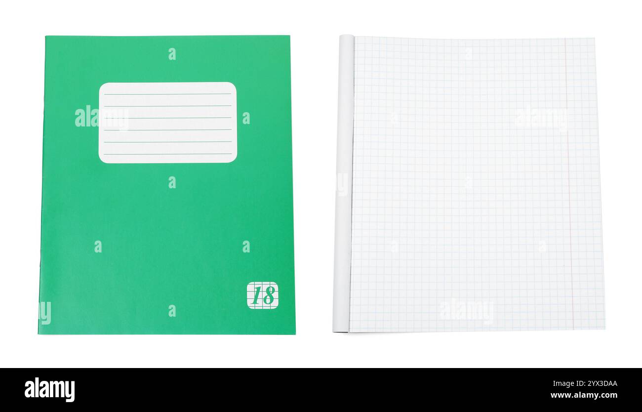 Open and closed notebook on white background. School stationery Stock ...
