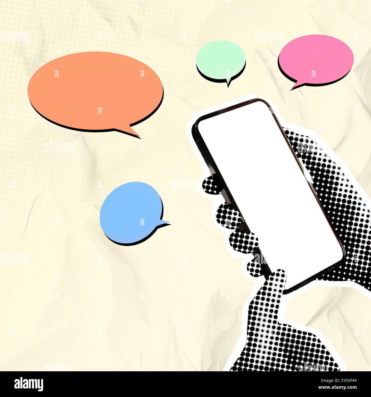 Colorful collage of communication featuring smartphone and conversation ...