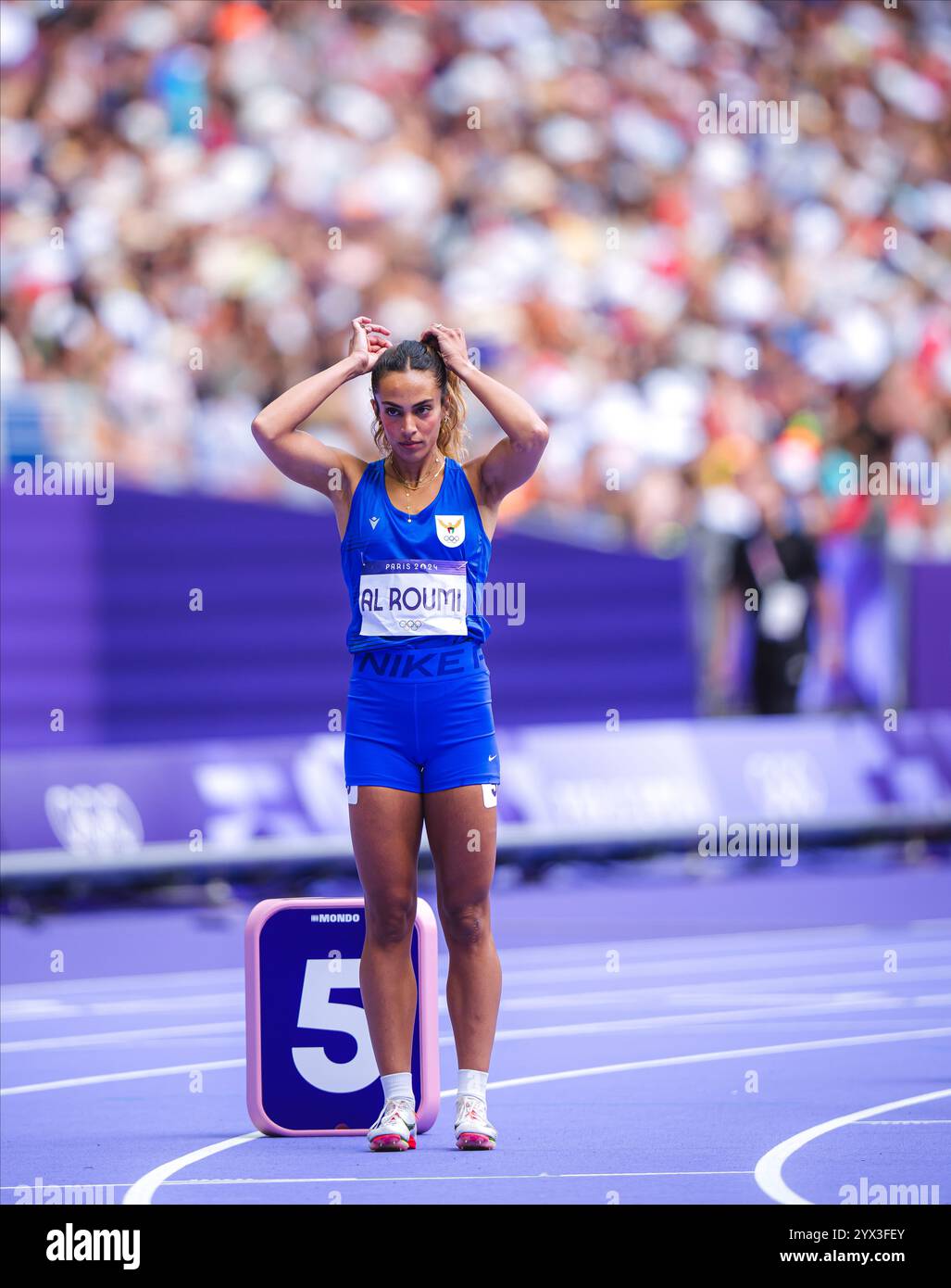 Amal al-Roumi participating in the 800 meters at the Paris 2024 Olympic ...
