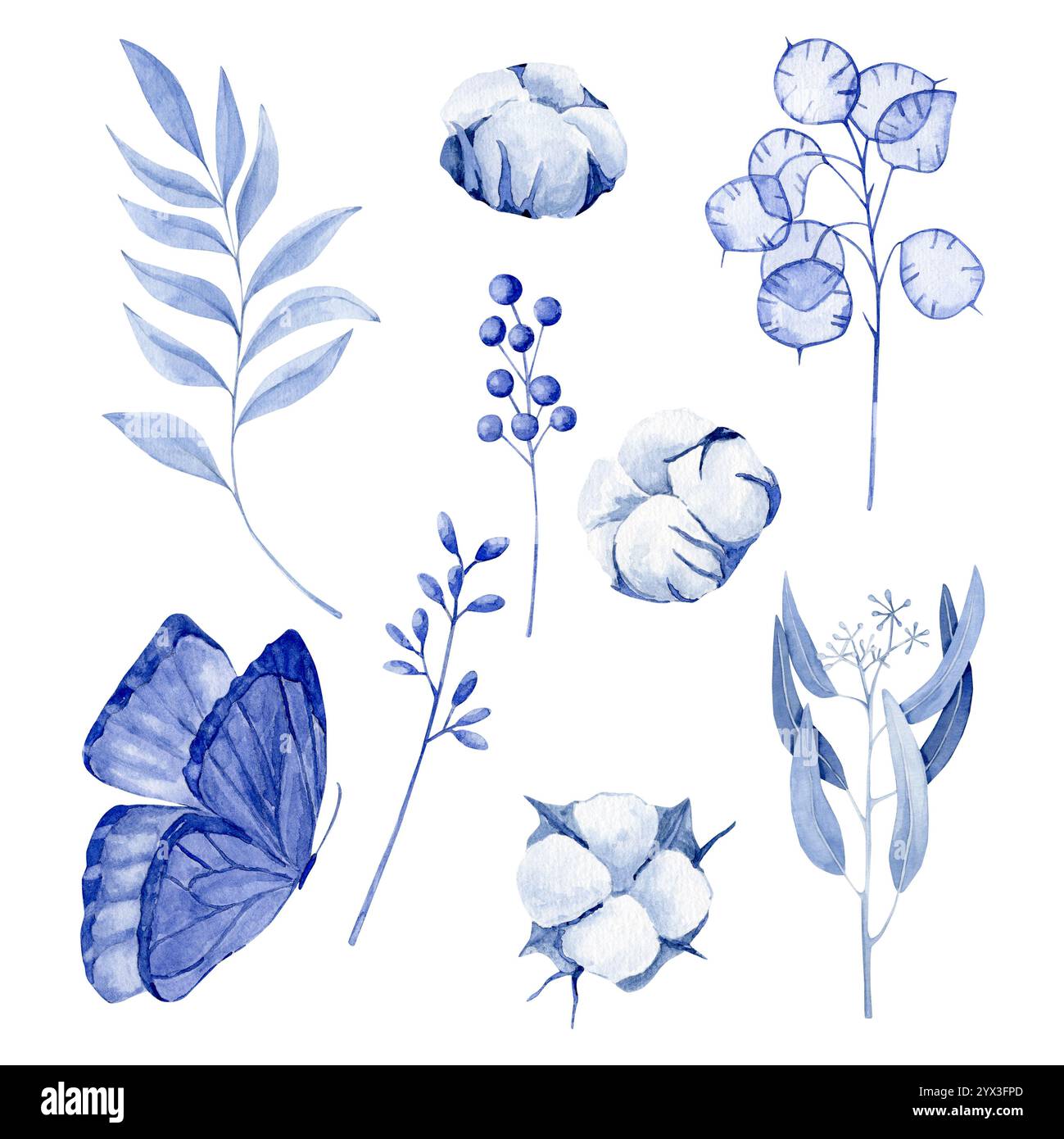 Watercolor set of blue color with eucalyptus branches, dried flowers ...