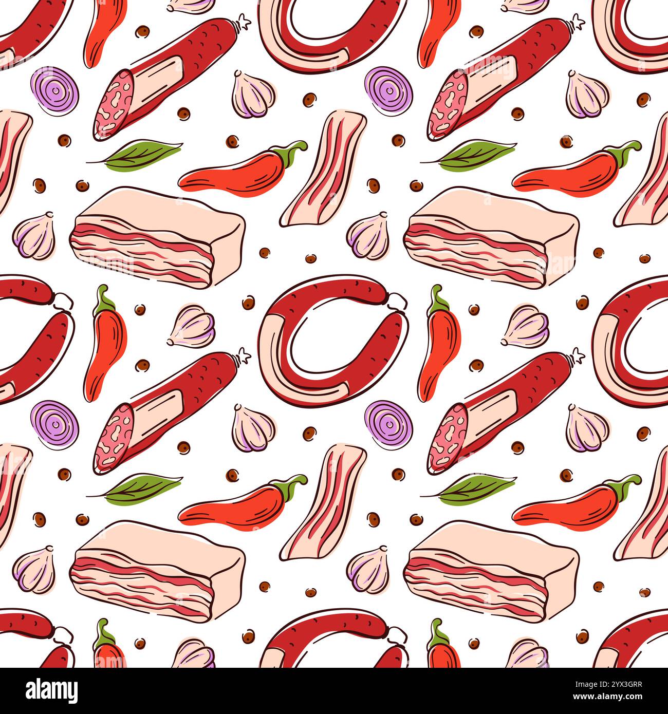 Seamless pattern of meat product sausage, bacon and salami in flat ...