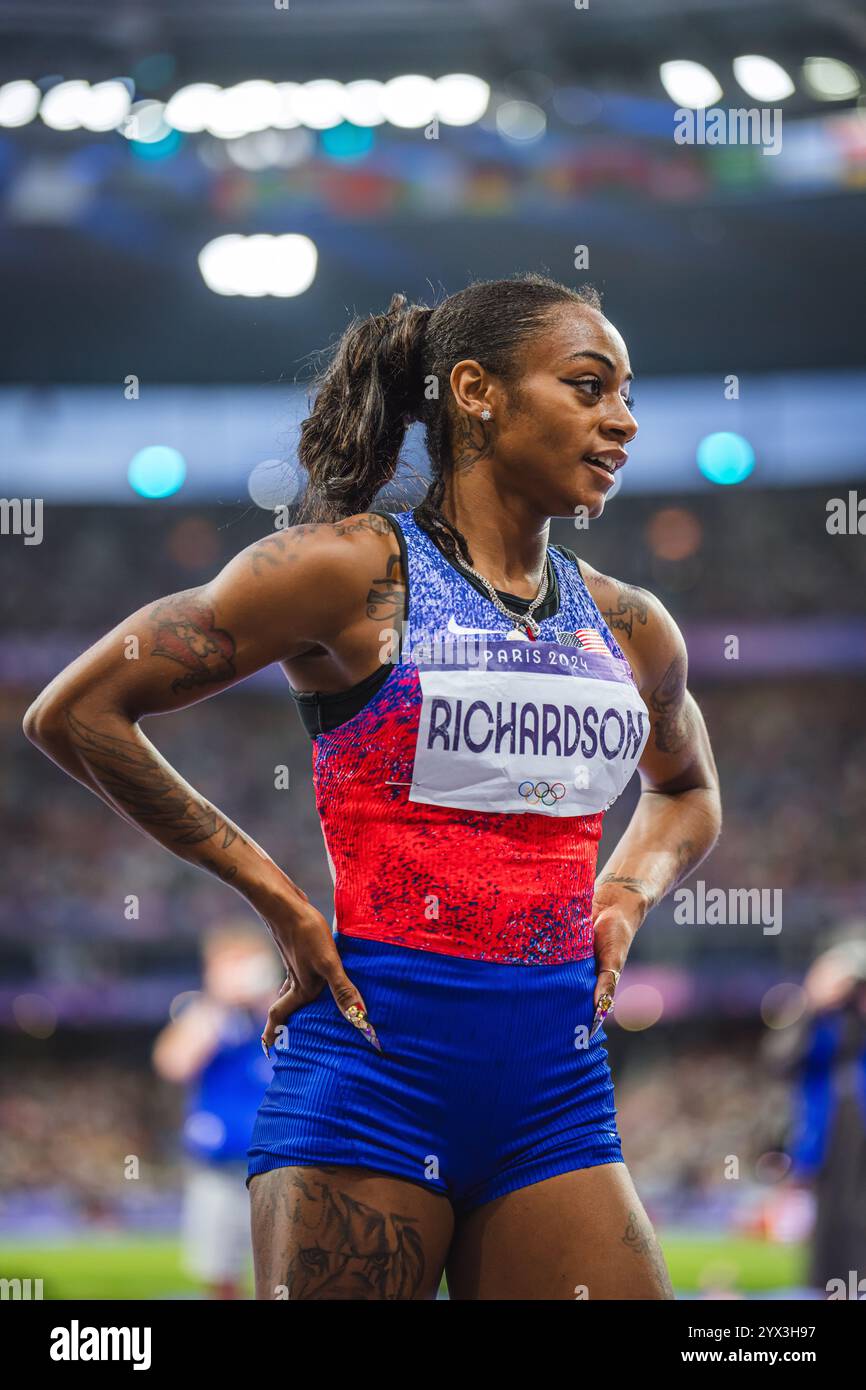 Sha'Carri Richardson participating in the 100 meters at the Paris 2024 ...