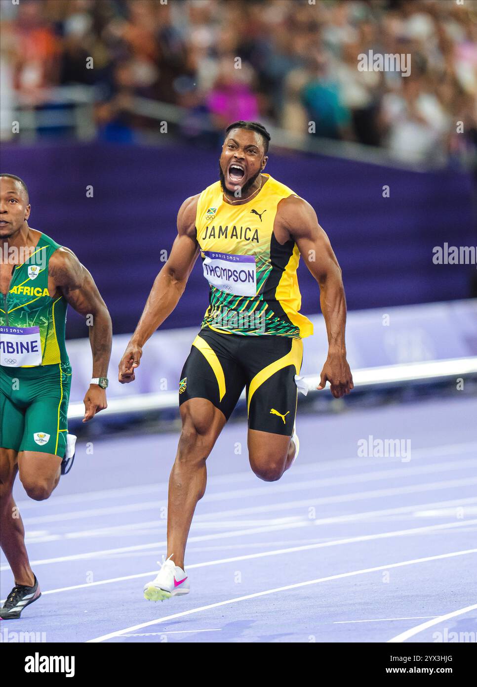 Kishane Thompson participating in the 100 metres at the Paris 2024 ...