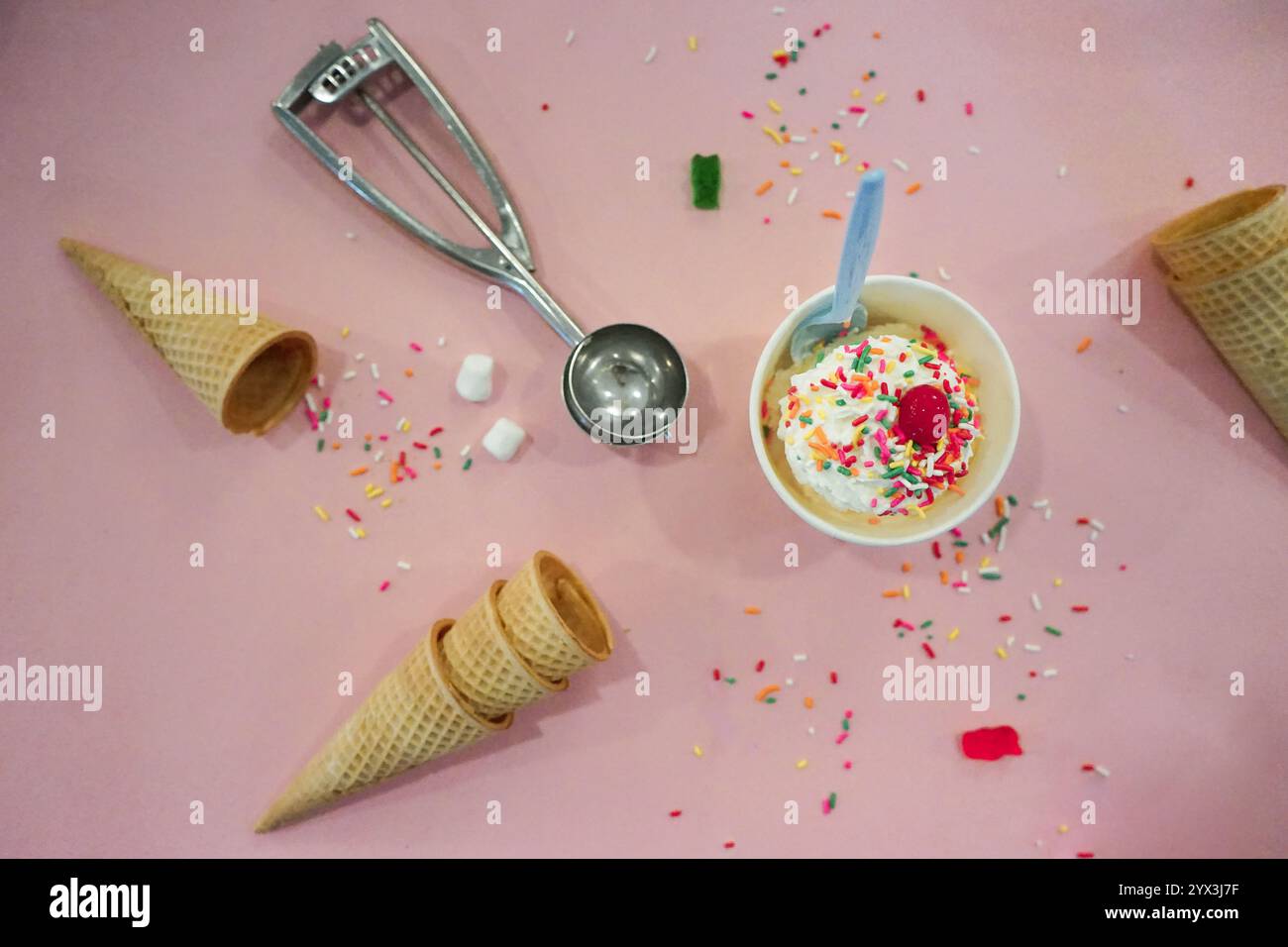 Flat lay at ice cream social with cones, scoops and sprinkles Stock Photo - Alamy