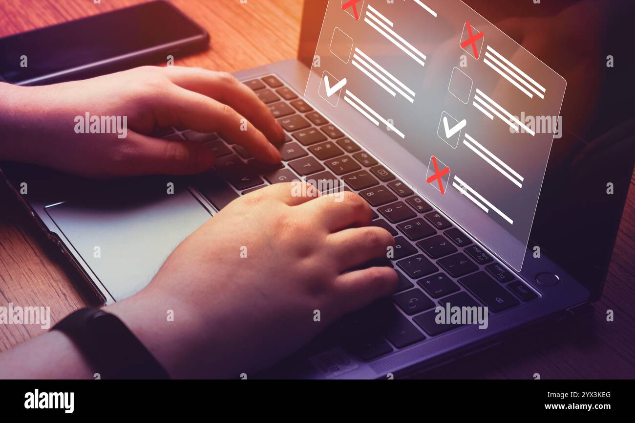 Document approval certification and checklist concept. Woman use laptop ...