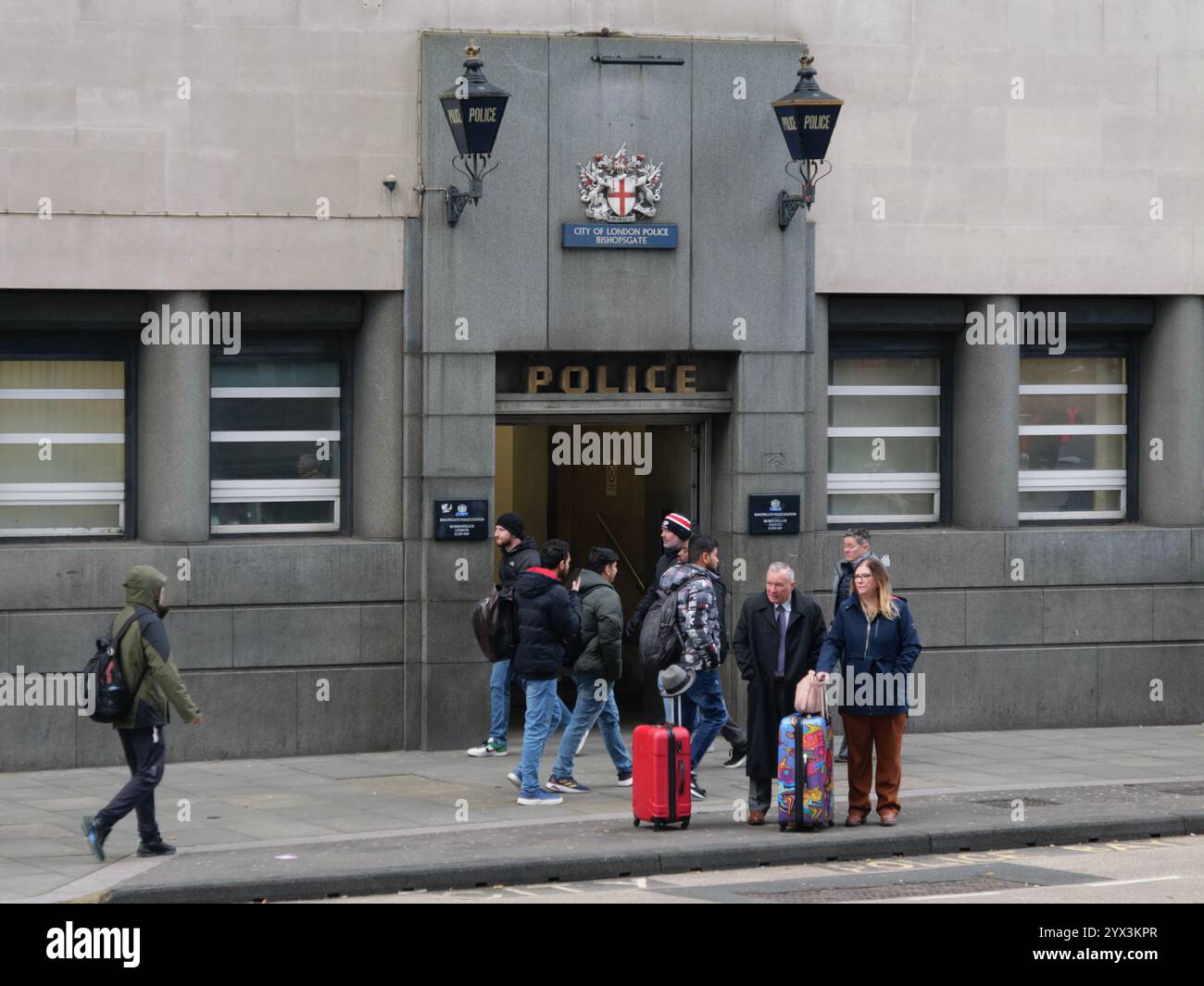 Bishopsgate Police Station, London, UK, with pedestrians passing Stock ...
