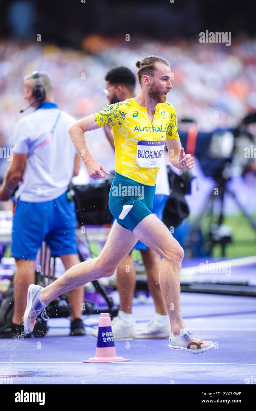 Ben Buckingham participating in the 3000 metres steeplechase at the Paris 2024 Olympic Games ...