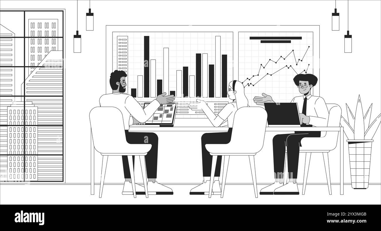 Strategy discussion black and white line illustration Stock Vector ...