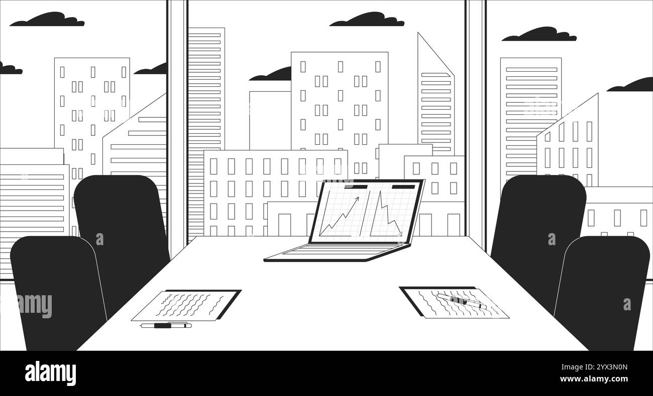 Empty meeting room table charts laptop black and white line ...