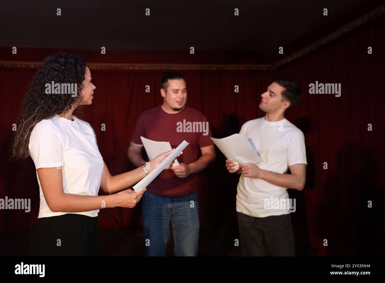 Professional actors with their scripts rehearsing in theatre Stock ...