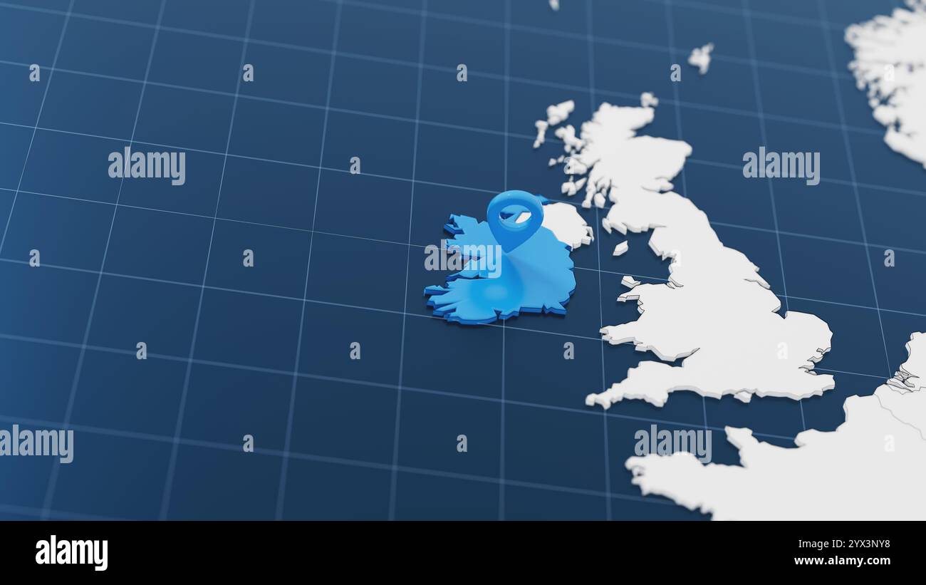 Blue Ireland 3d map with pointer pin surrounded with other countries in ...