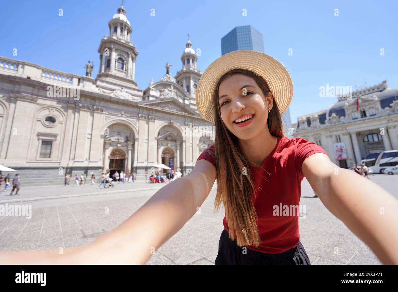 Visiting Santiago de Chile. Beautiful smiling tourist woman takes ...
