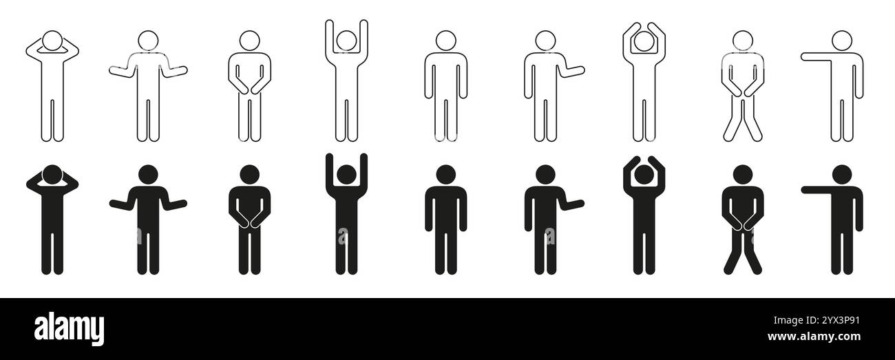 Set of Human Figure Icons in Filled and Outline Styles. Stick Figure ...