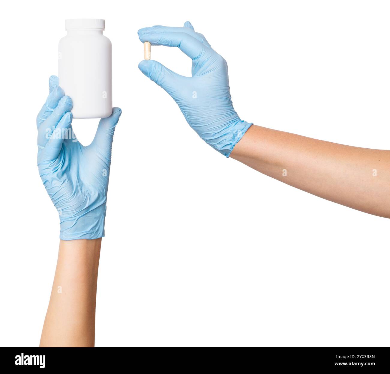 Set of hands in medical gloves holding a jar and a hand holding a ...